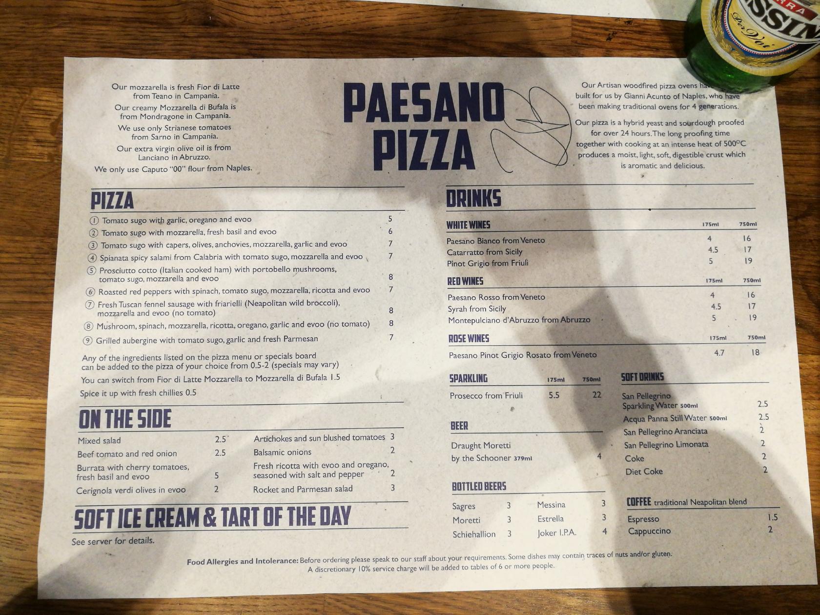 Menu at Paesano Pizza pizzeria, Glasgow, 94 Miller St