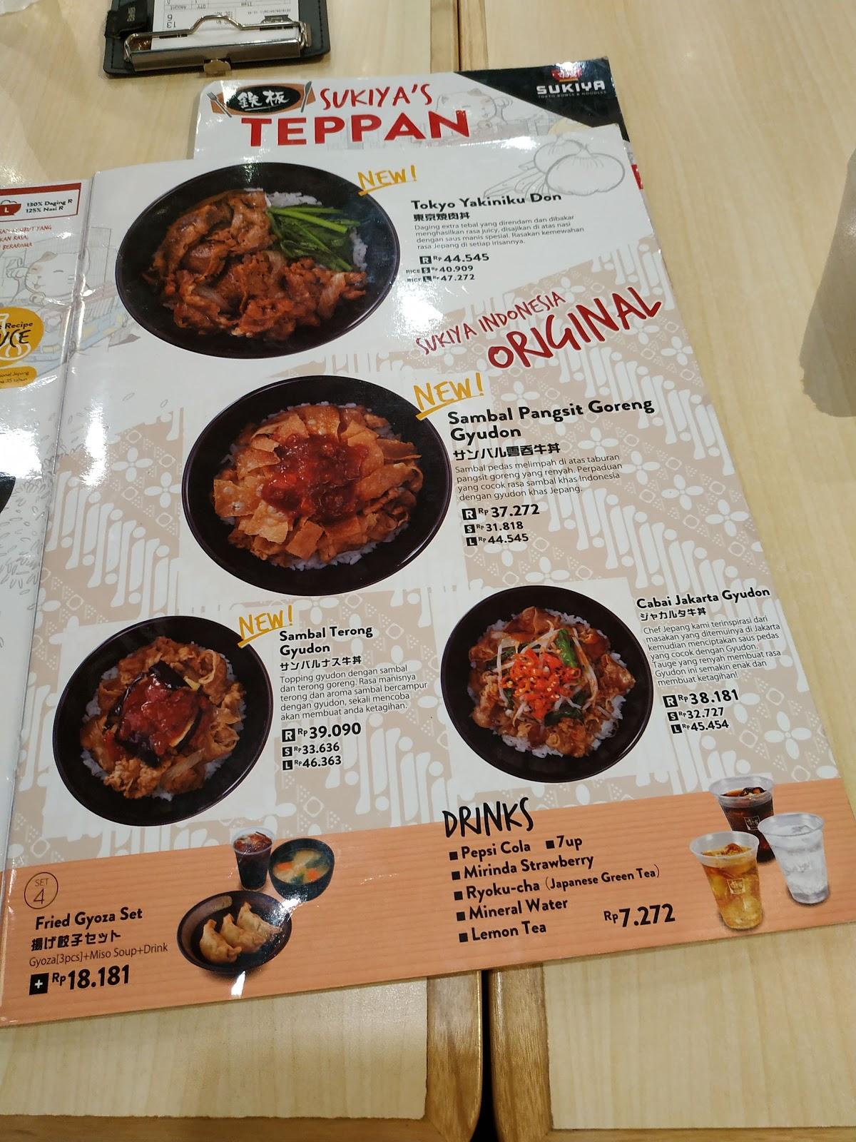 Menu at Sukiya Tokyo Bowl & Noodles restaurant, Central Jakarta