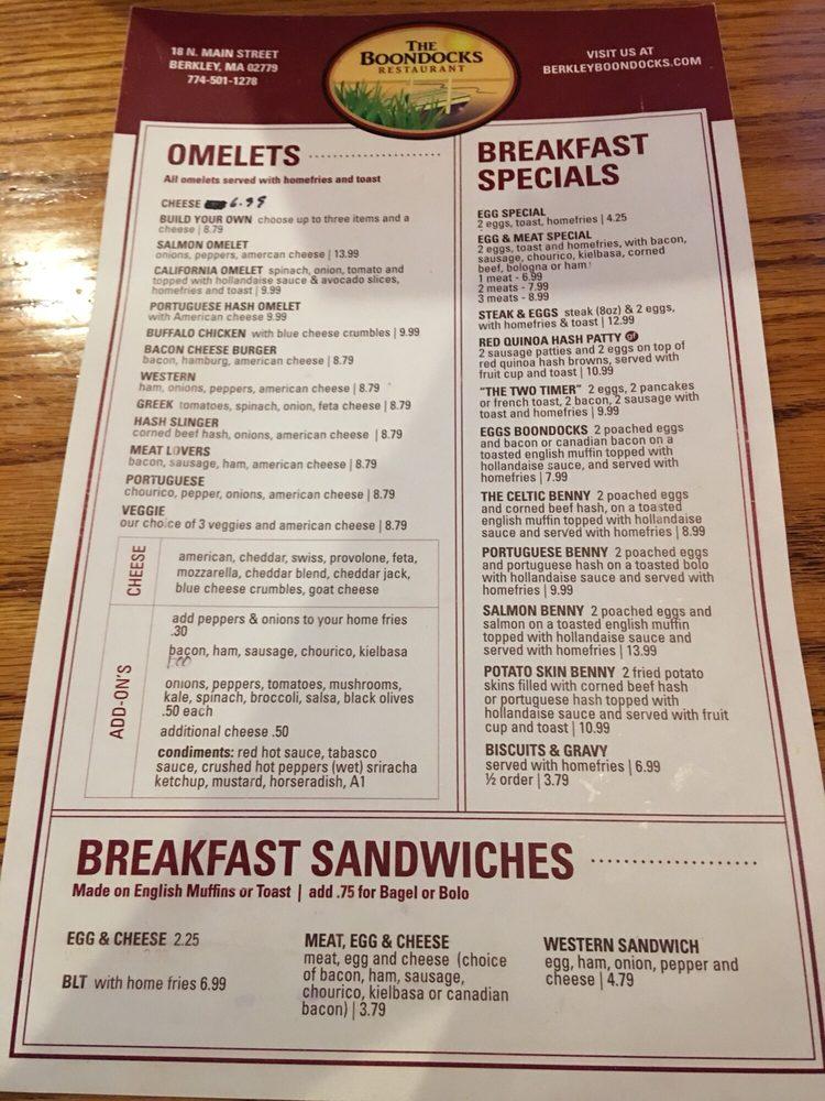 Menu at The Boondocks restaurant, Berkley