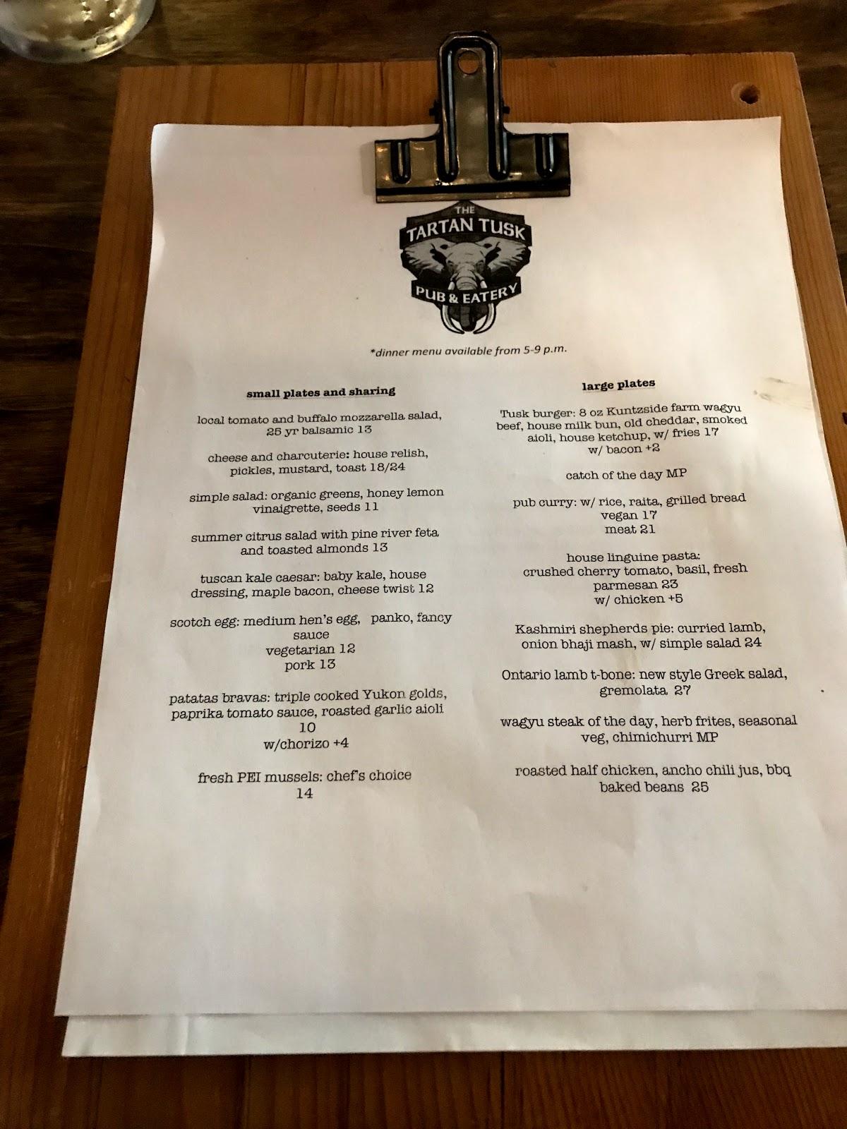 Menu at The Tusk restaurant, Kincardine