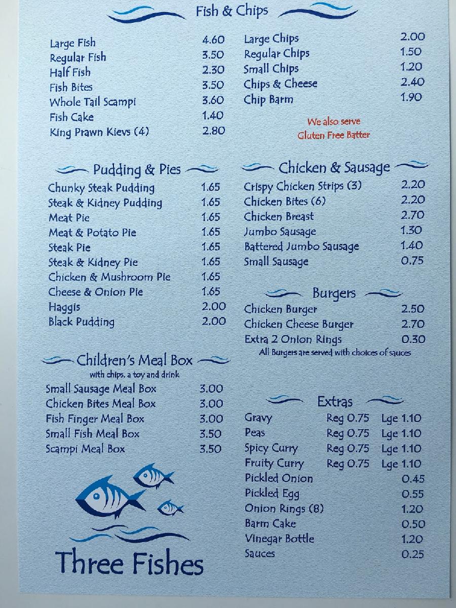 Menu at Three Fishes fast food, Lytham Saint Annes