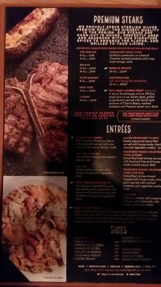 Menu at West Texas Chophouse steakhouse, El Paso
