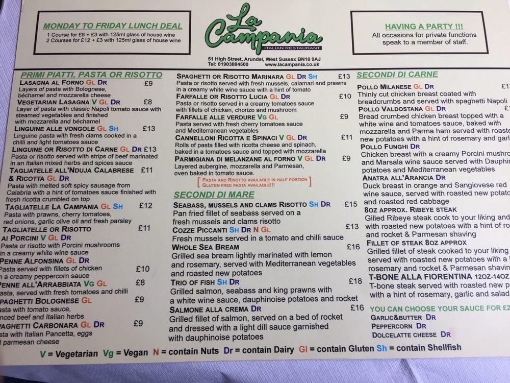 Menu at La Campania restaurant, Arundel