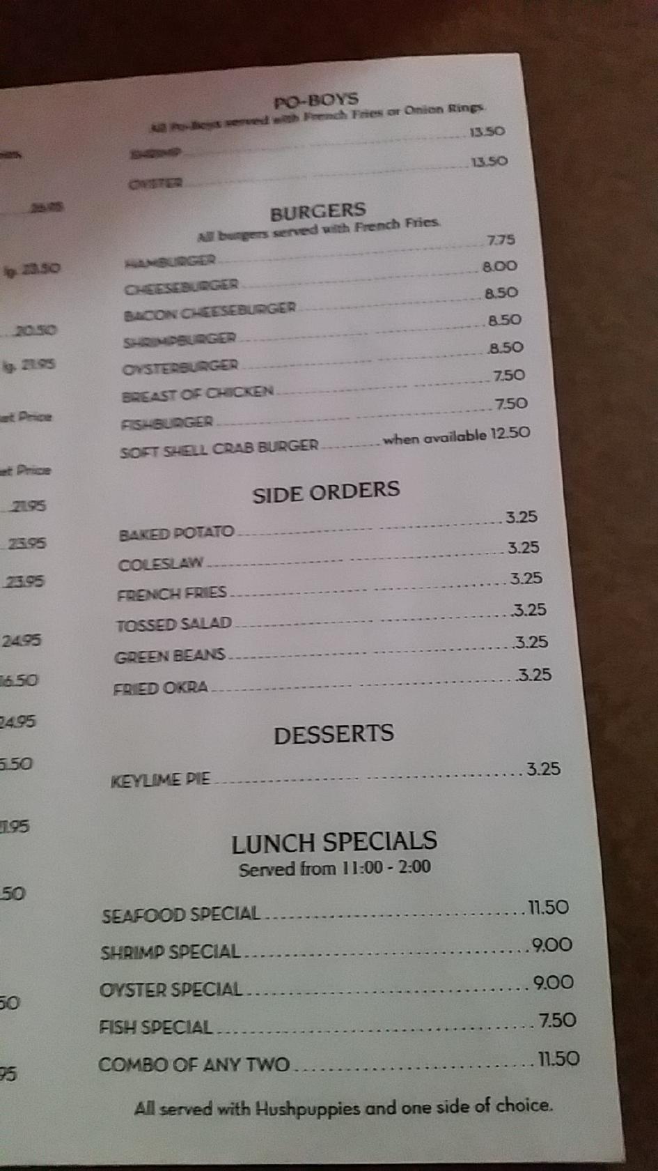Menu at Bayley's Carryout Seafood restaurant, Mobile