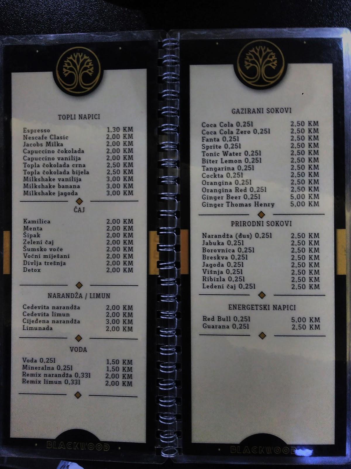 Menu at Caffe bar Blackwood, Banja Luka