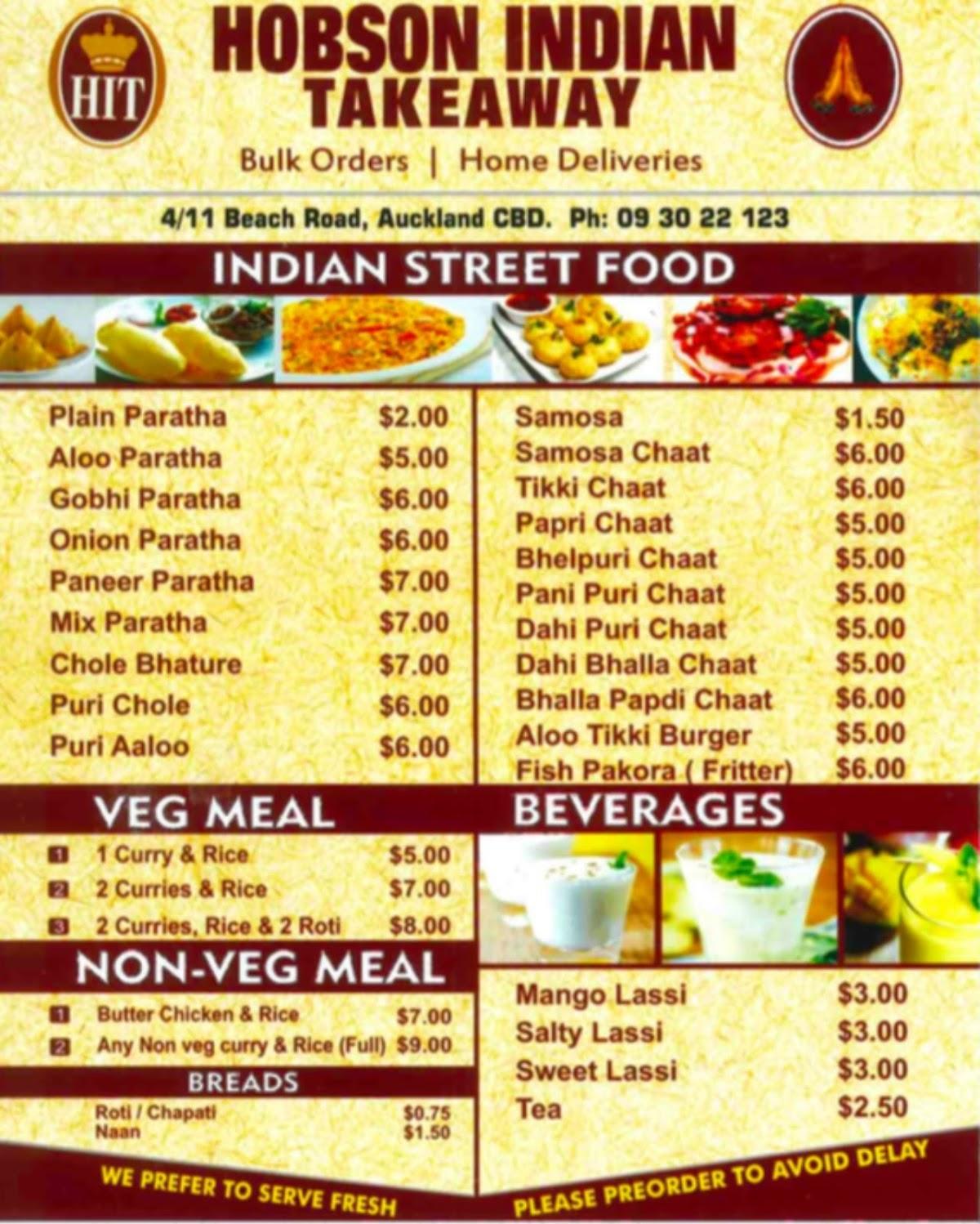 Menu at Hobson Indian Takeaway restaurant, Auckland, 4/11 Beach Rd