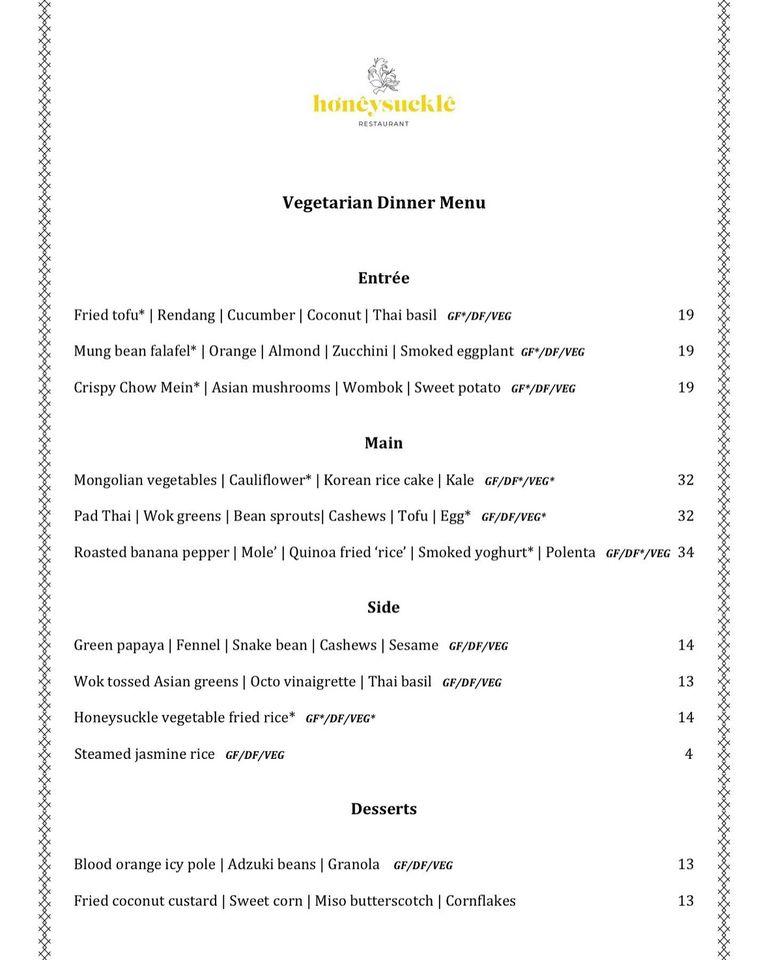 Menu at Honeysuckle Restaurant, Buderim