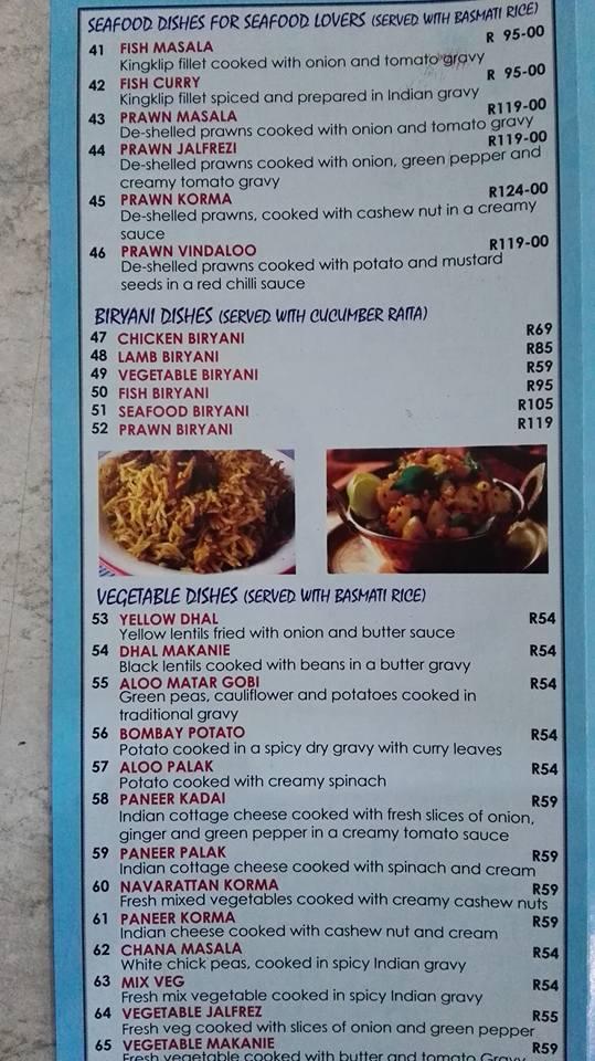 Menu at Patiala curry house restaurant, Secunda