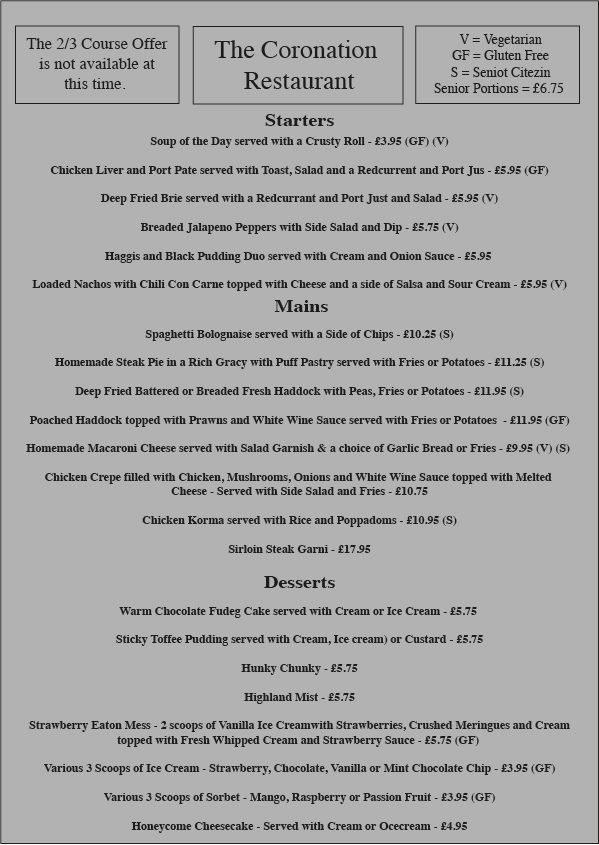 Menu at The Coronation Restaurant, Gorebridge