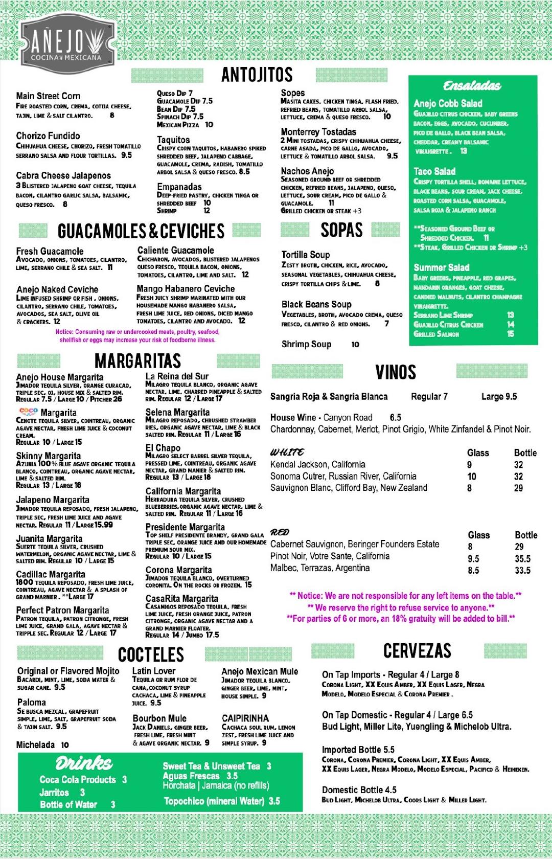 Menu at Anejo Cocina Mexicana Ponte Vedra restaurant, Ponte Vedra Beach