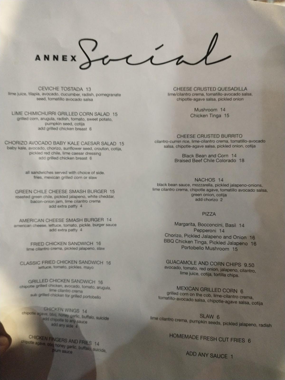 Menu at Annex Social restaurant, Toronto