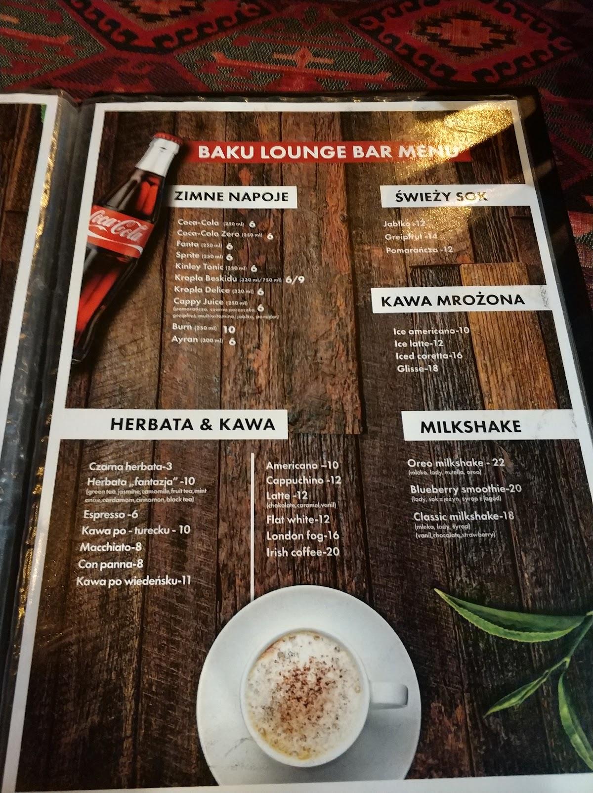 Menu at Baku Lounge restaurant, Wrocław
