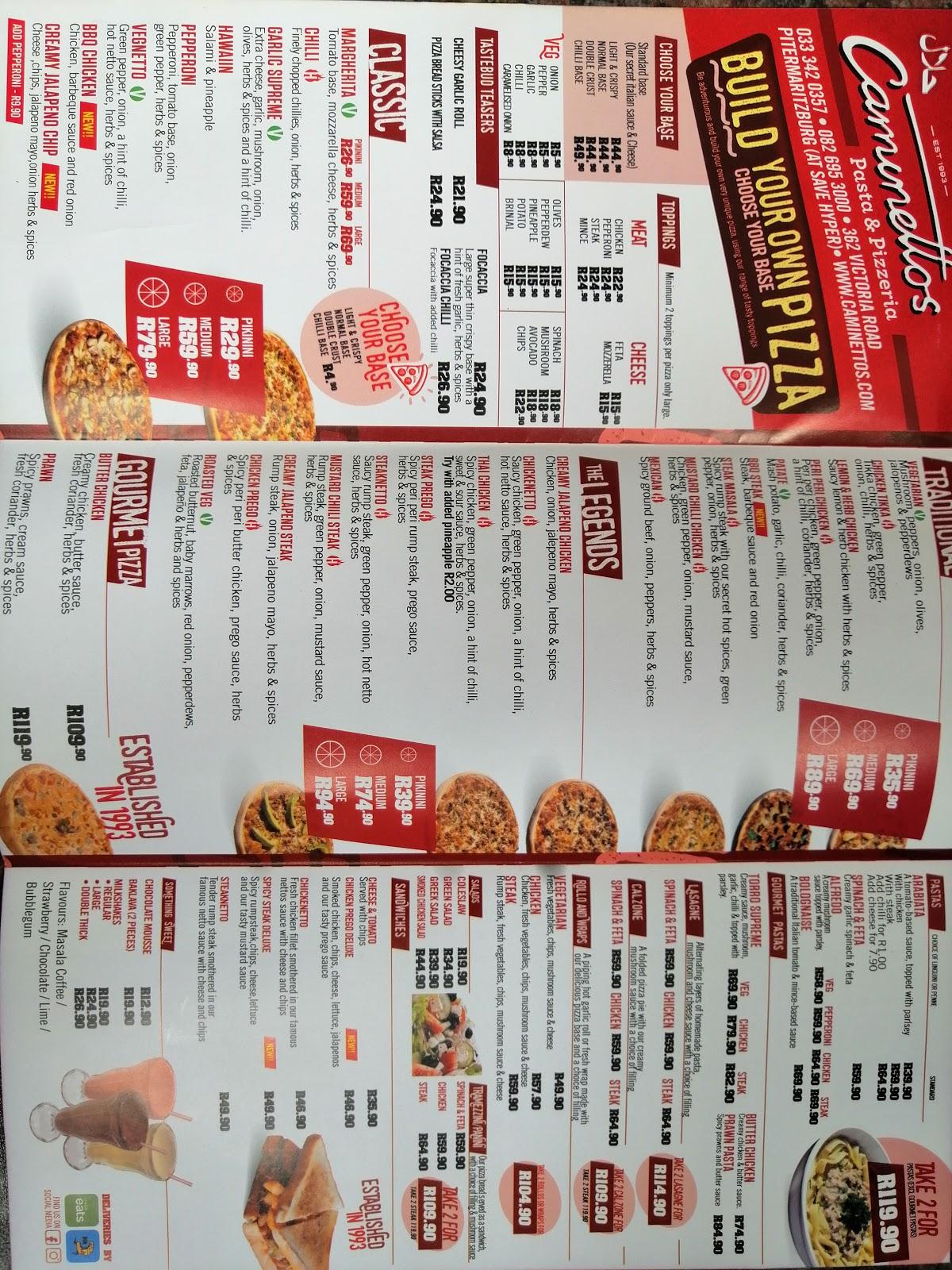 Menu at Caminettos pasta and pizzeria Pietermaritzburg, Pietermaritzburg