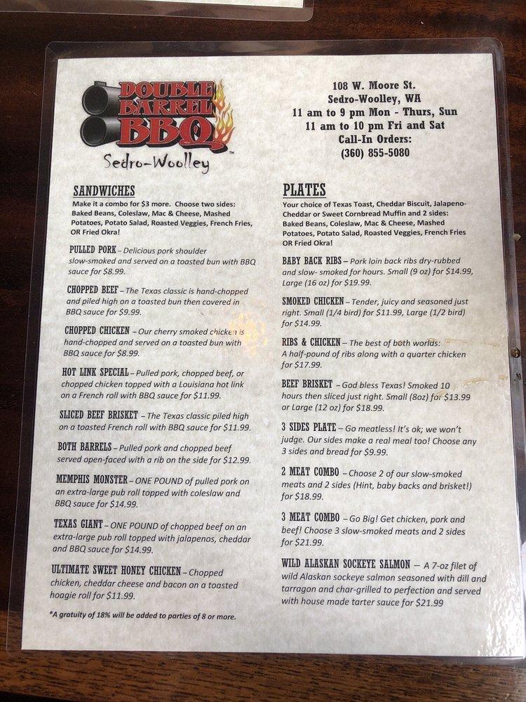 Menu at Double Barrel BBQ, Sedro-Woolley, 108 W Moore St
