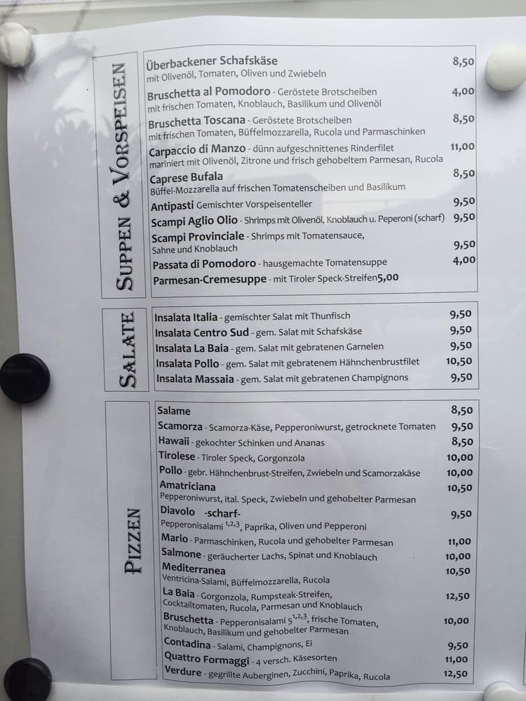 Menu at La Baia pizzeria, Cochem, Liniusstraße 3