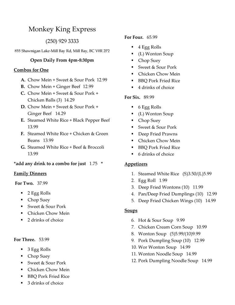 Menu at Monkey King Chinese Food restaurant, Mill Bay