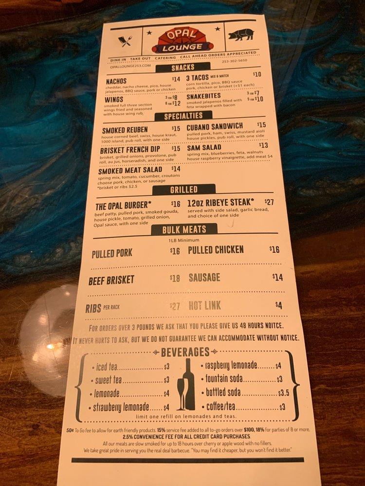 Menu at Opal Lounge pub & bar, Tacoma