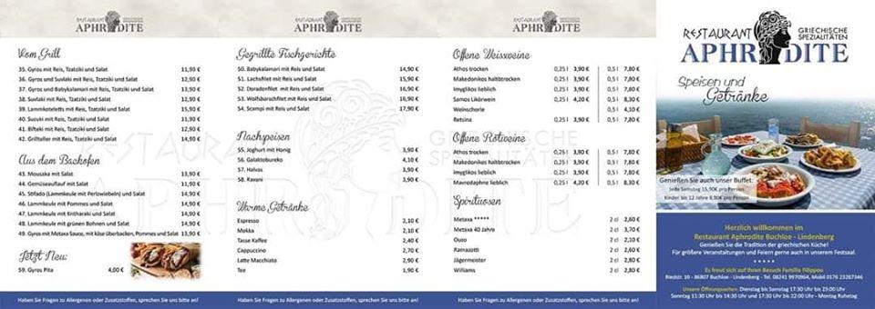 Speisekarte von Restaurant Aphrodite, Buchloe