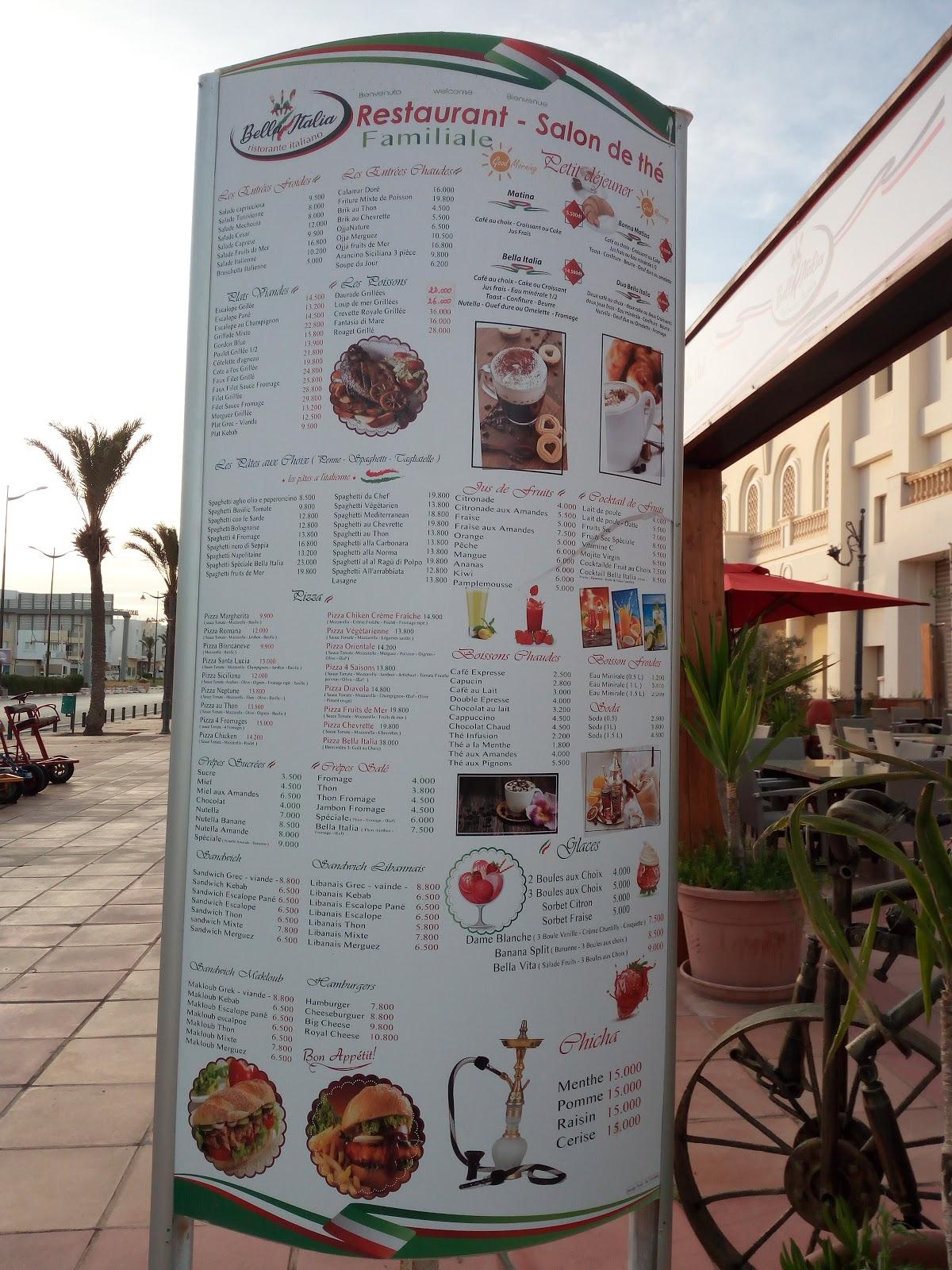 Menu at Ristorante Bella Italia restaurant, Yasmine Hammamet
