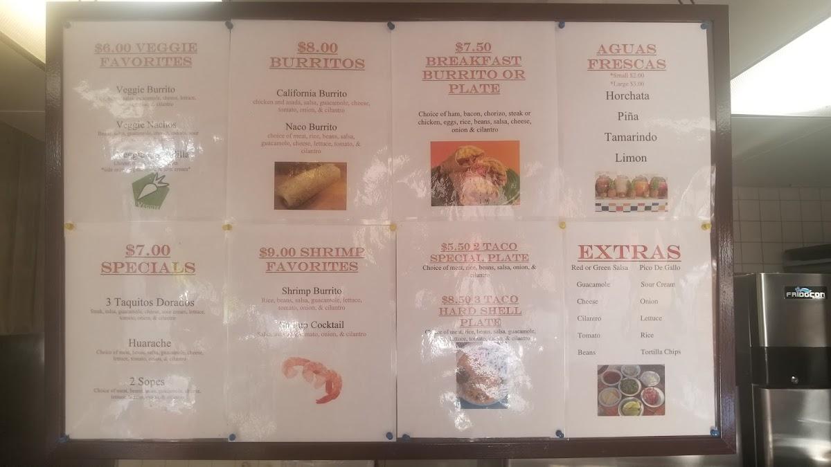 Menu at Taco Naco restaurant, Glendale