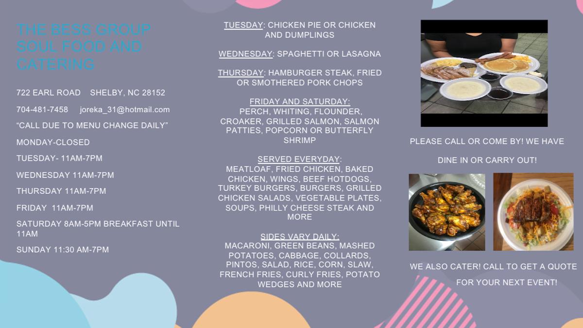 Menu at The Bess Group LLC Soulfood and Catering restaurant, Shelby