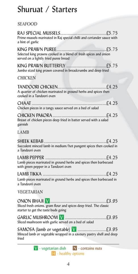 Menu at The Raj Restaurant, Kettering