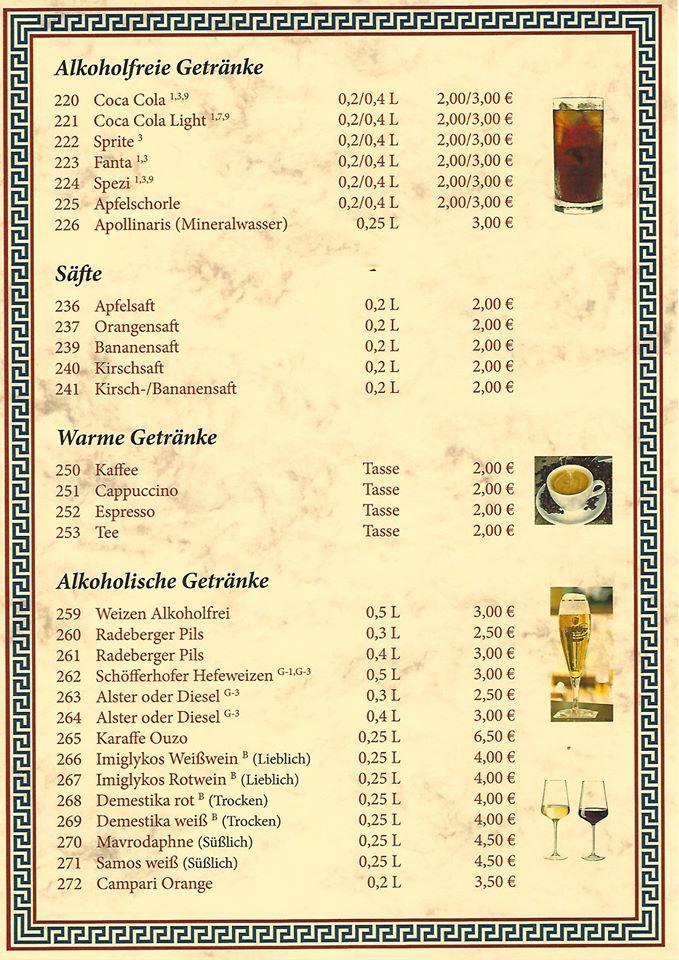 Menu at Artemis restaurant, Thale