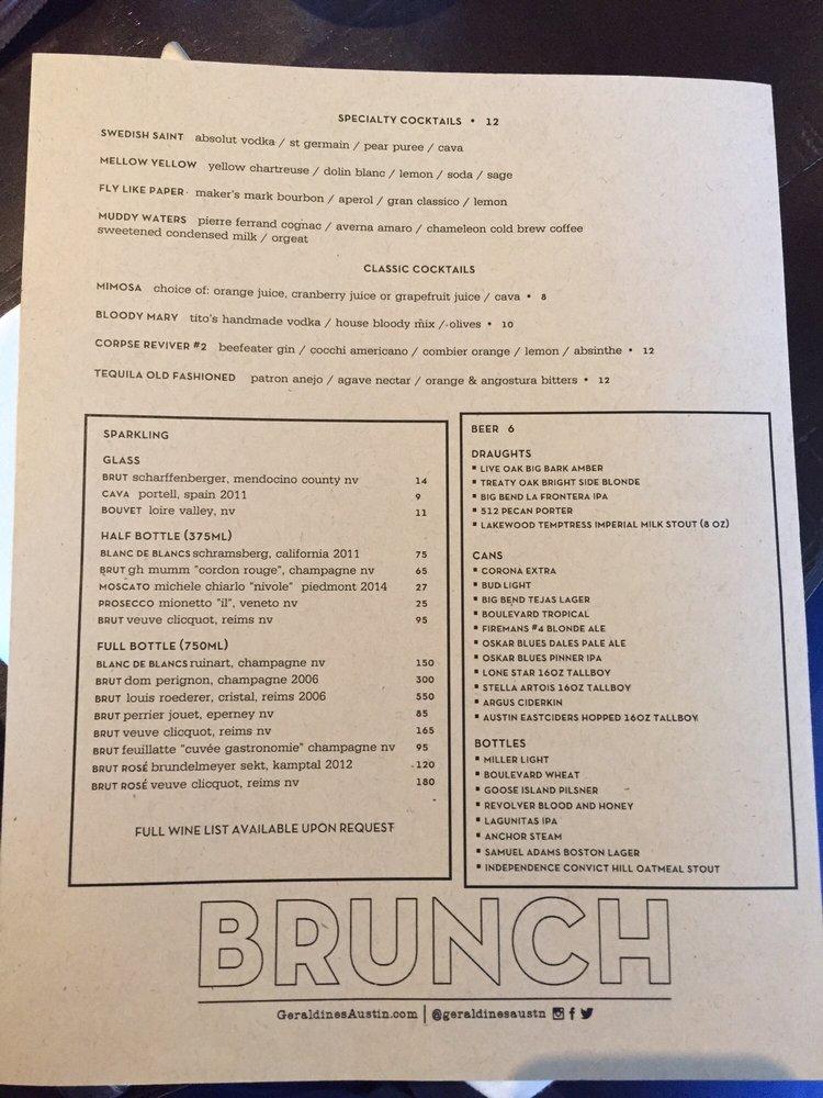 Menu at Geraldine's pub & bar, Austin