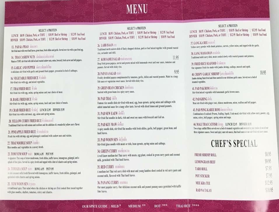 Menu at Mali Thai Bistro restaurant, Lee's Summit