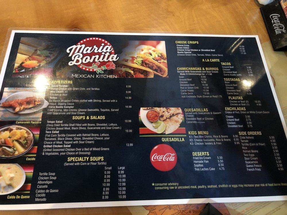 Menu at Maria Bonita Mexican Kitchen restaurant, Tucson