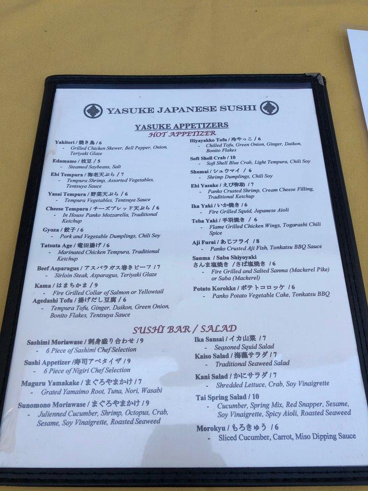 Menu at Yasuke Japanese Sushi restaurant, McAllen