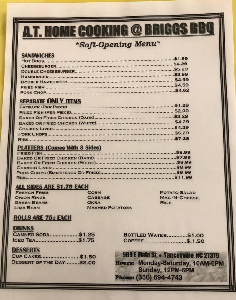 Menu at Briggs Bar-B-Que & Grill, Yanceyville, 989 E Main St