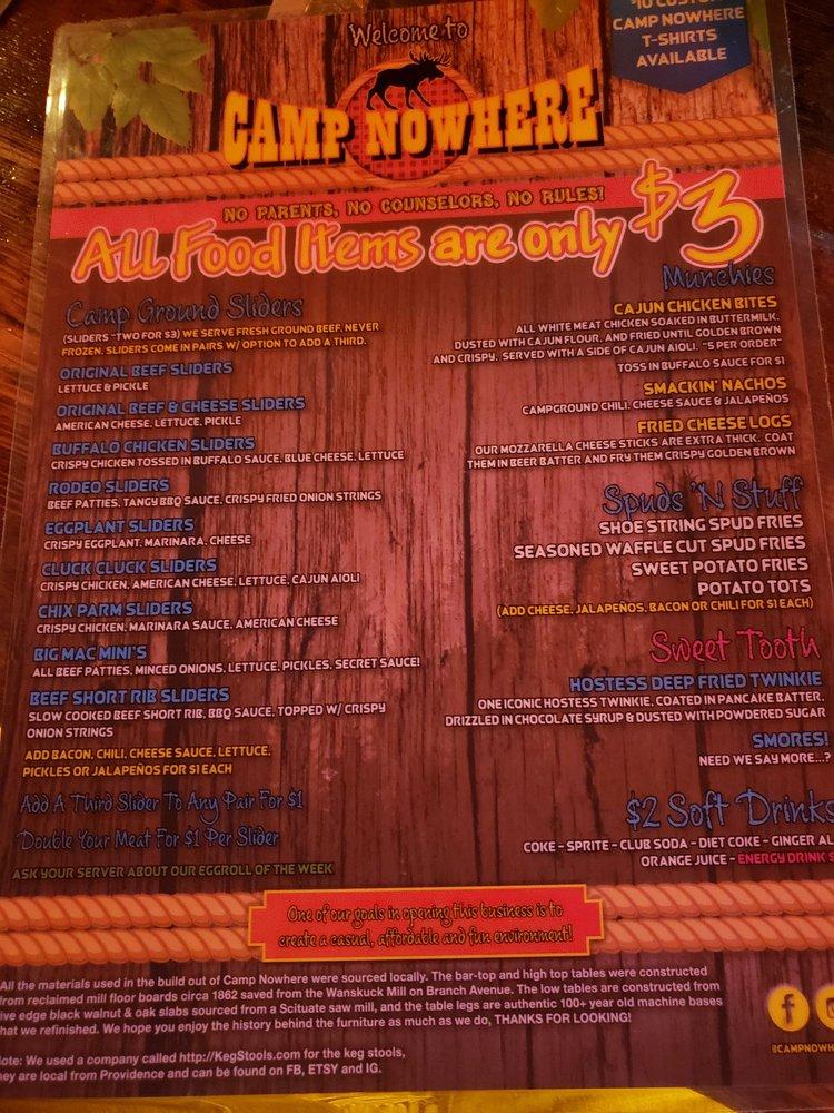 Menu at Camp Nowhere pub & bar, North Providence