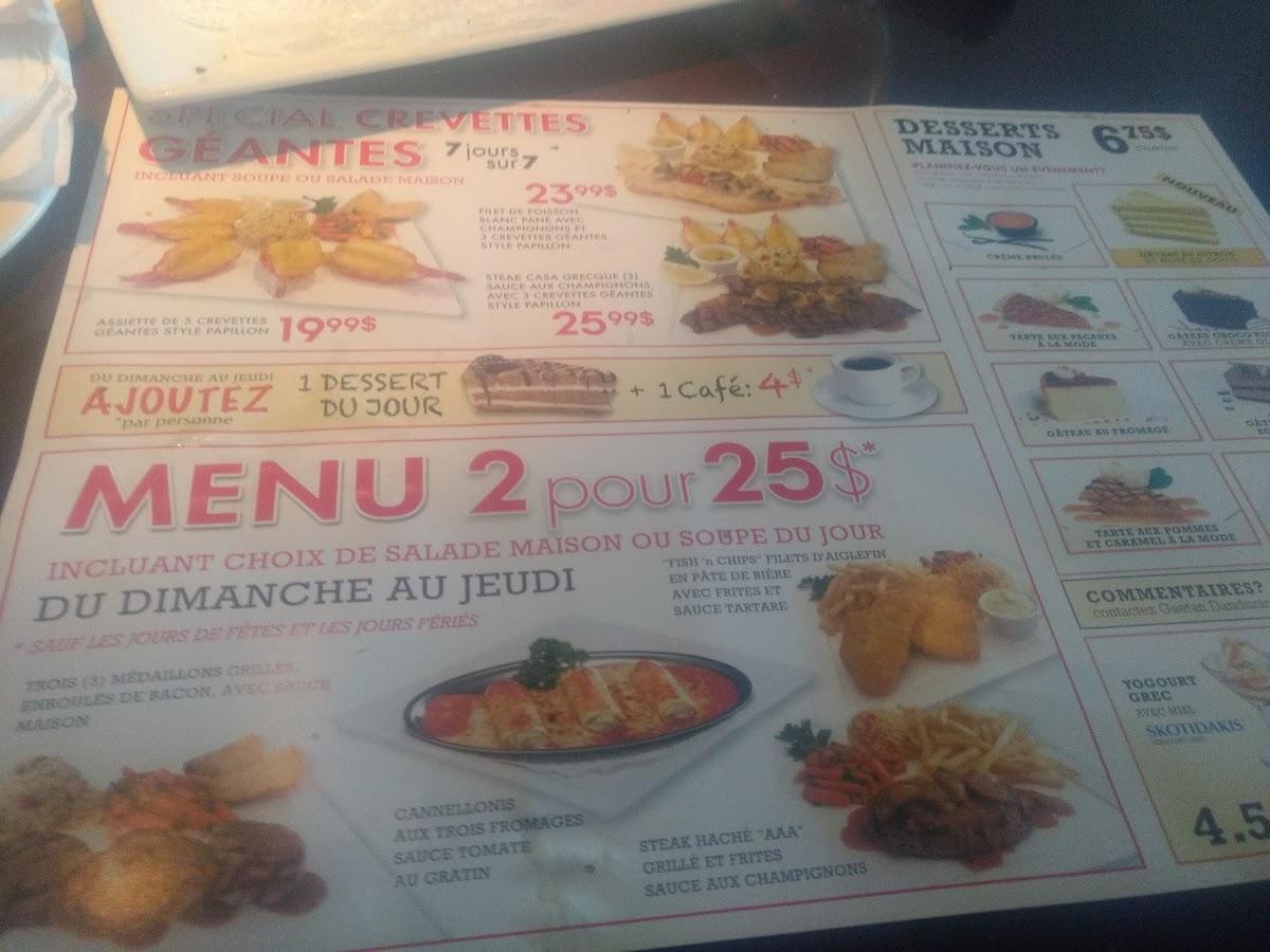 Menu au Casa Grecque restaurant, Repentigny