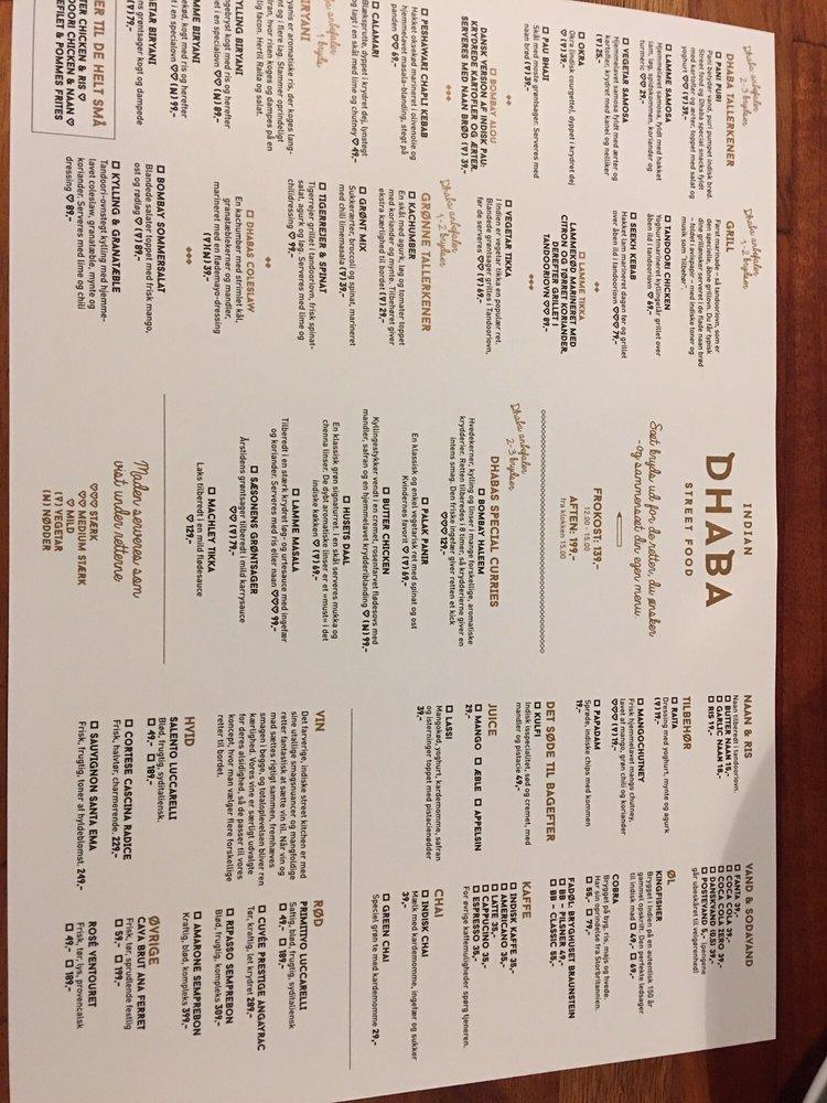 Menu at Dhaba restaurant, Copenhagen, Frederiksborgvej 169