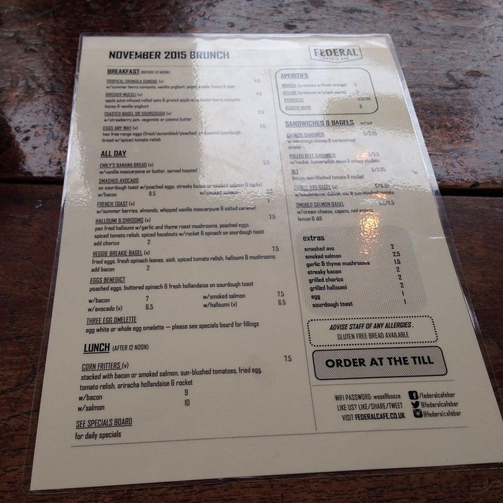 Menu at Federal Cafe Bar, Manchester, 9 Nicholas Croft