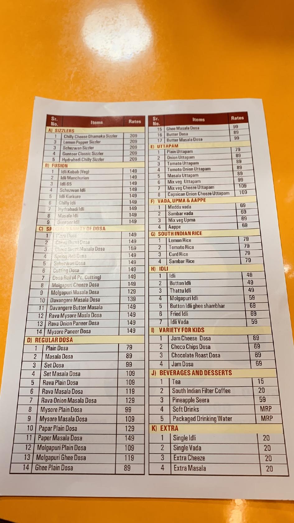 Menu at Mr. Idli, Bhopal