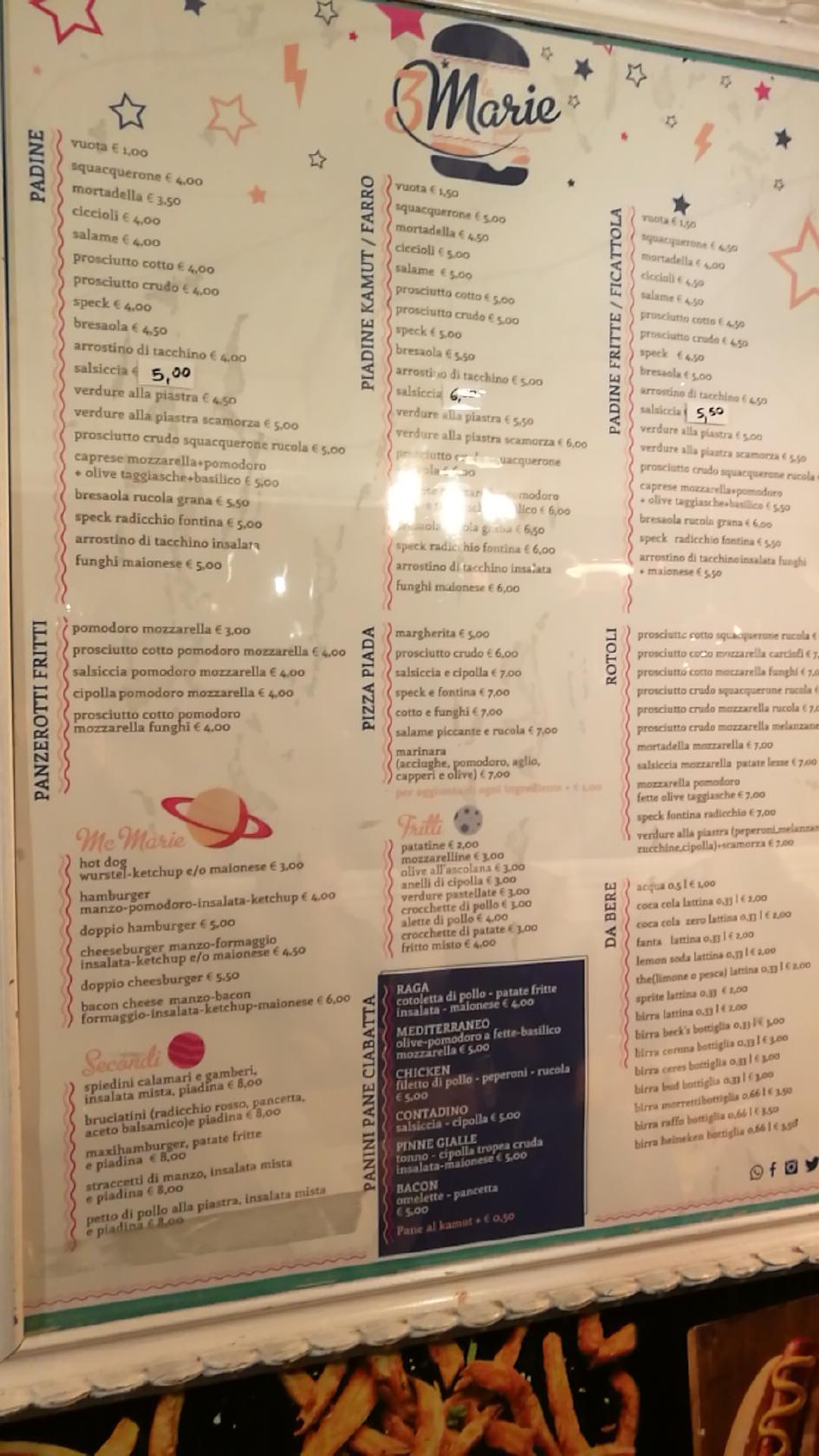 Menu at Piadineria Le Tre Marie restaurant, Imola