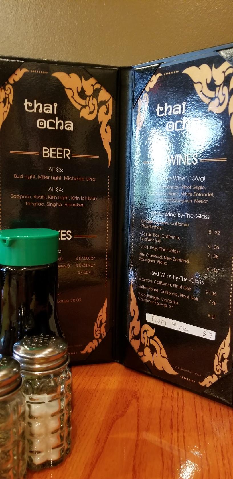 Menu at Thai Ocha restaurant, Metairie