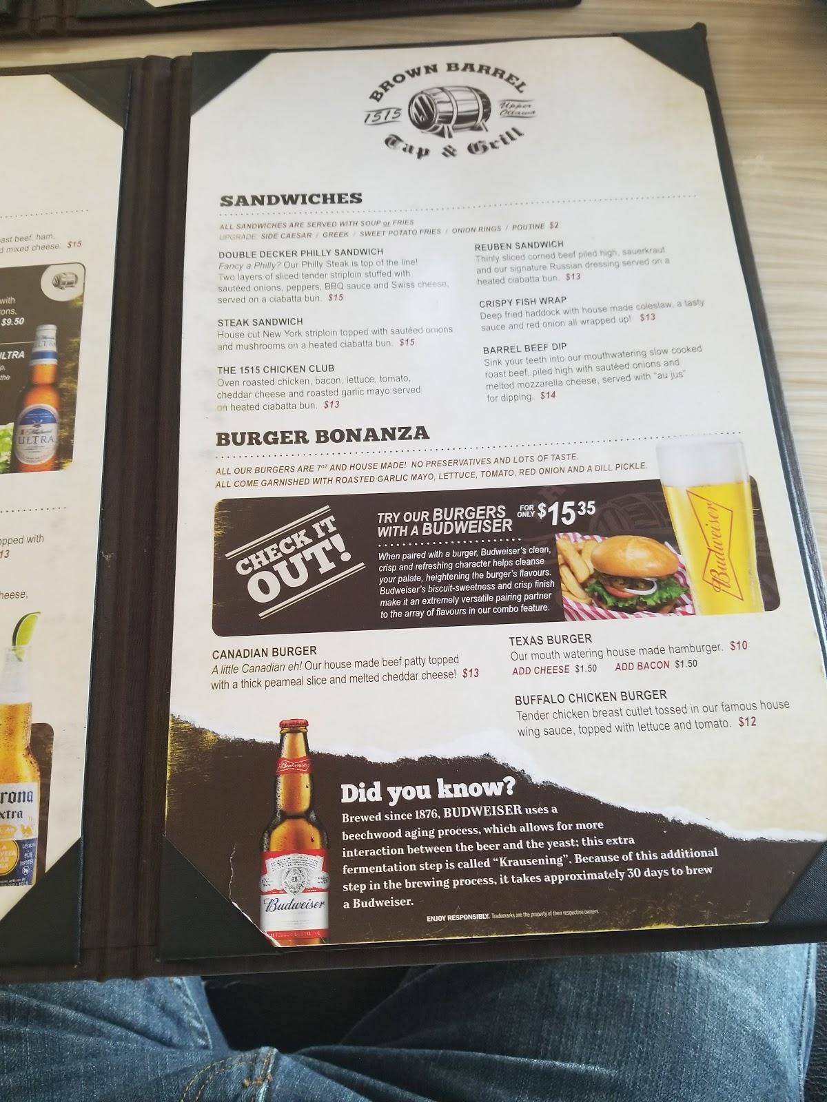 Menu at The Brown Barrel Eatery, Hamilton