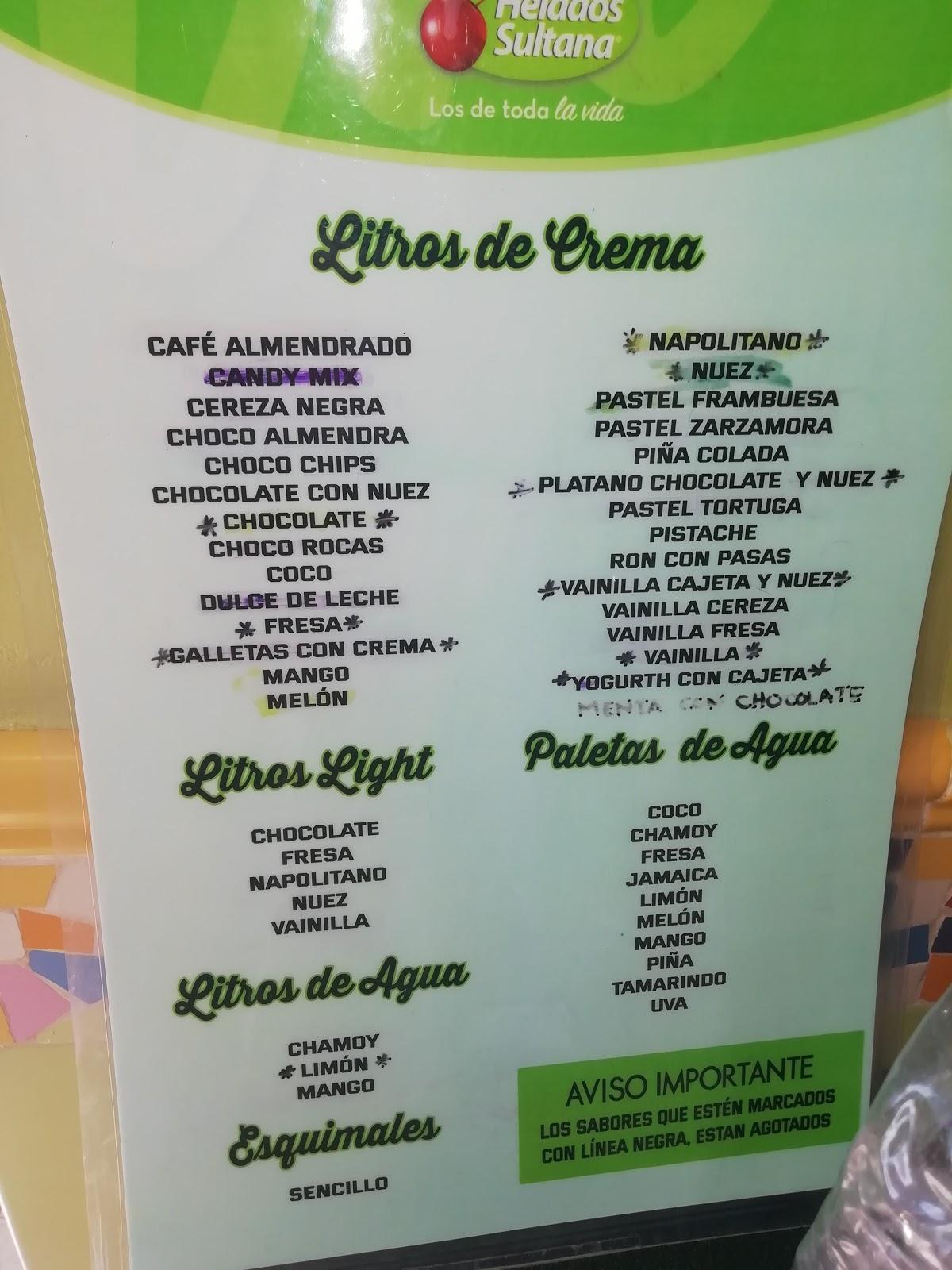 Carta de Helados Sultana - Guadalajara, Guadalupe, Avenida Guadalajara