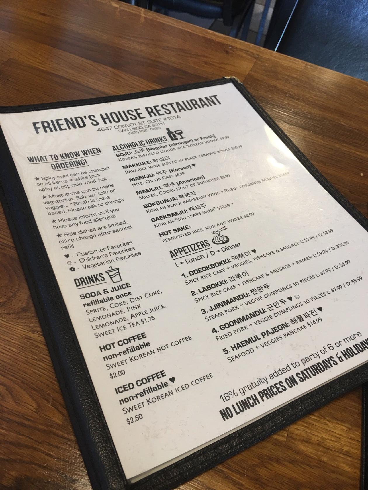 Menu at Friend's House Korean pub & bar, San Diego