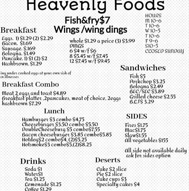 Menu at Heavenly Foods restaurant, Roanoke