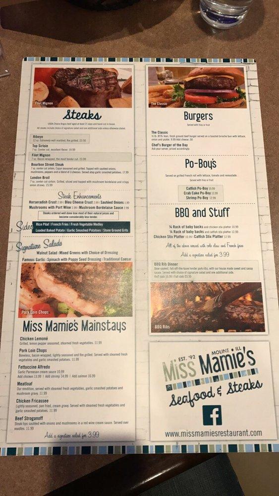 Menu at Miss Mamie's steakhouse, Moline