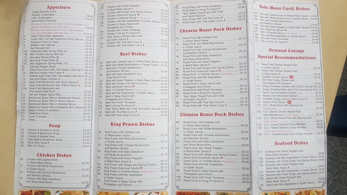 Menu at Oriental Cottage restaurant, Saffron Walden