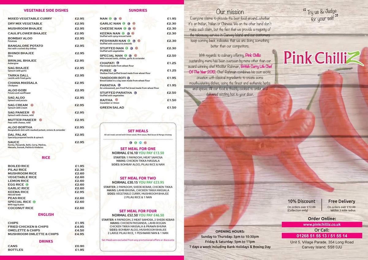 Menu at Pink Chilliz restaurant, Canvey Island, 354 Long Rd