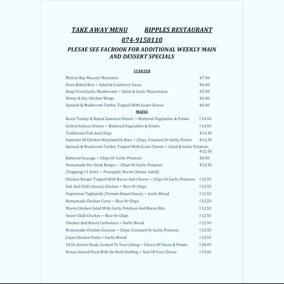 Menu at Ripples Restaurant, Ireland, Ranny