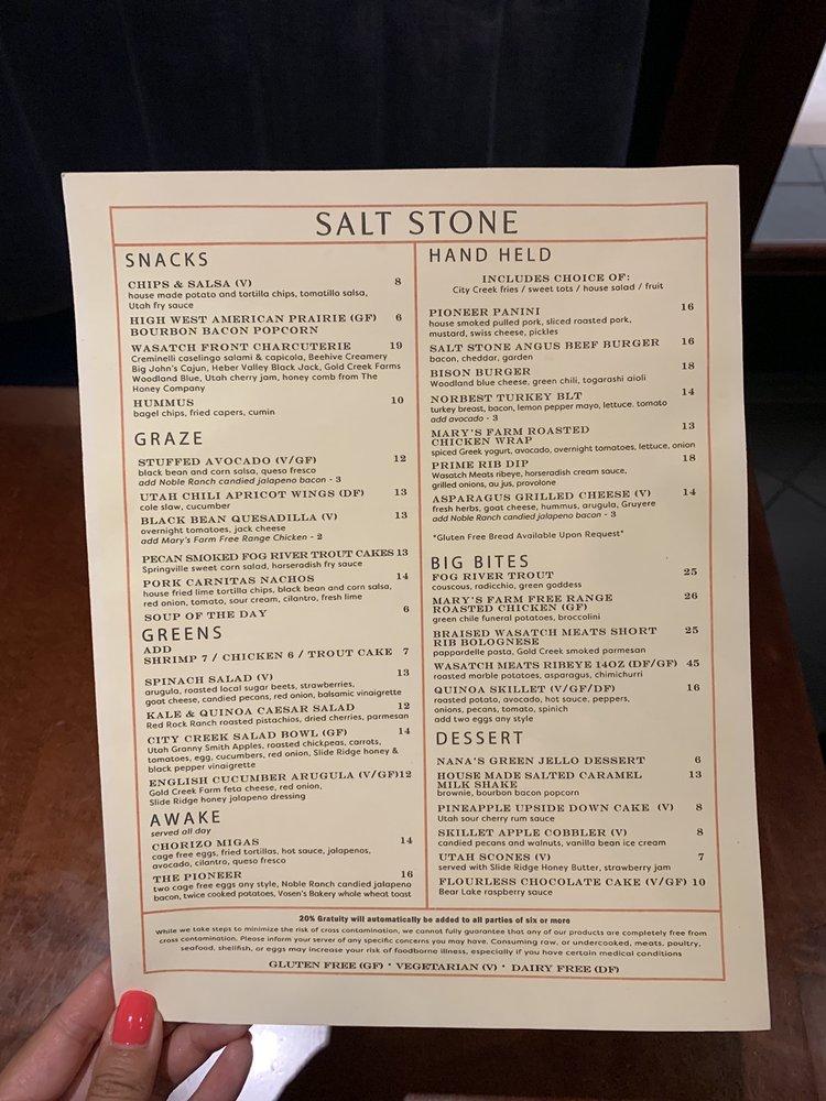 Menu at Salt Stone restaurant, Salt Lake City