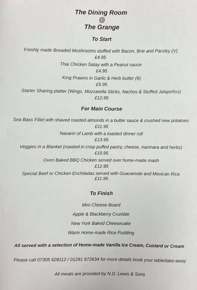 Menu at The Dining Room @ The Grange restaurant, Usk