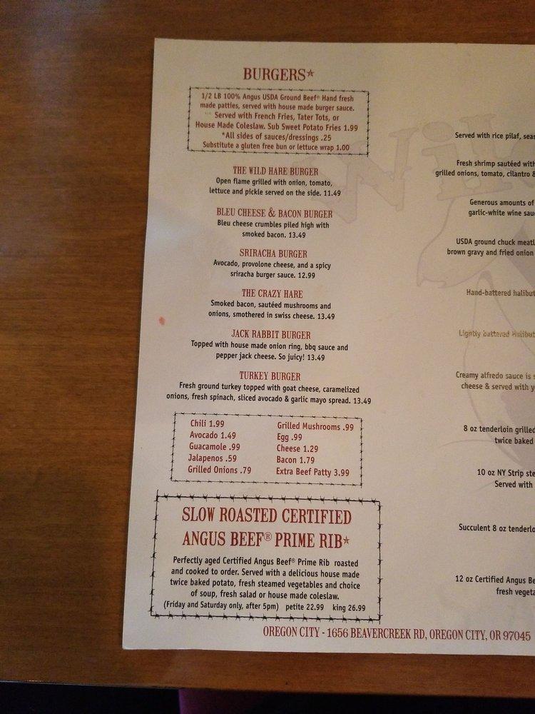 Menu at The Wild Hare Saloon OC pub & bar, Oregon City